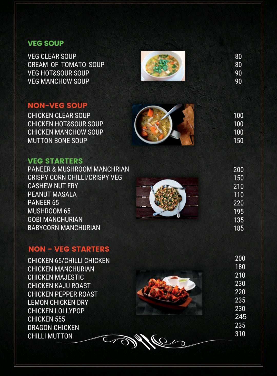 Menu at Seiri resorts, Sri City