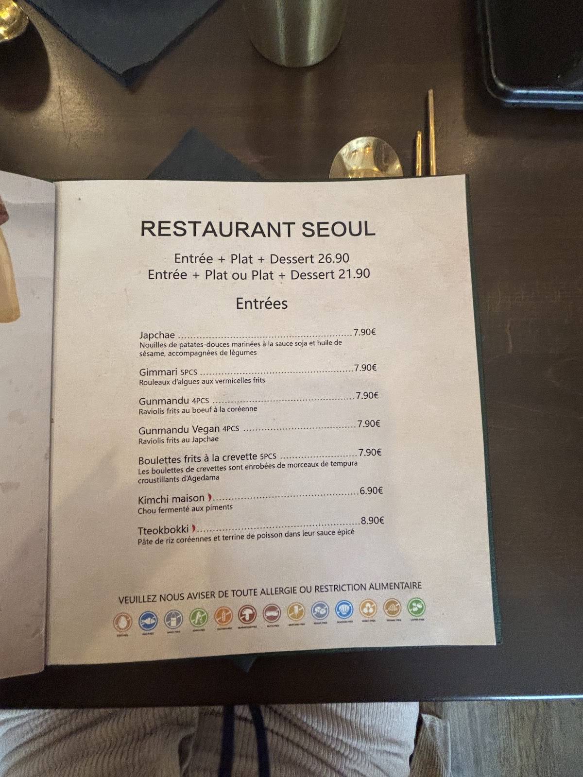 Menu au Restaurant Seoul, La Rochelle