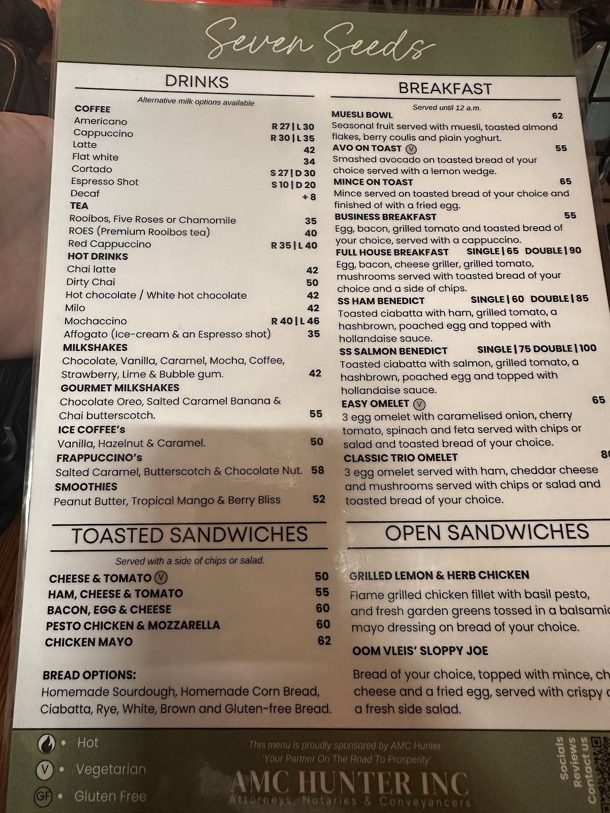 Menu at Seven Seeds Coffee Shop, Pinetown