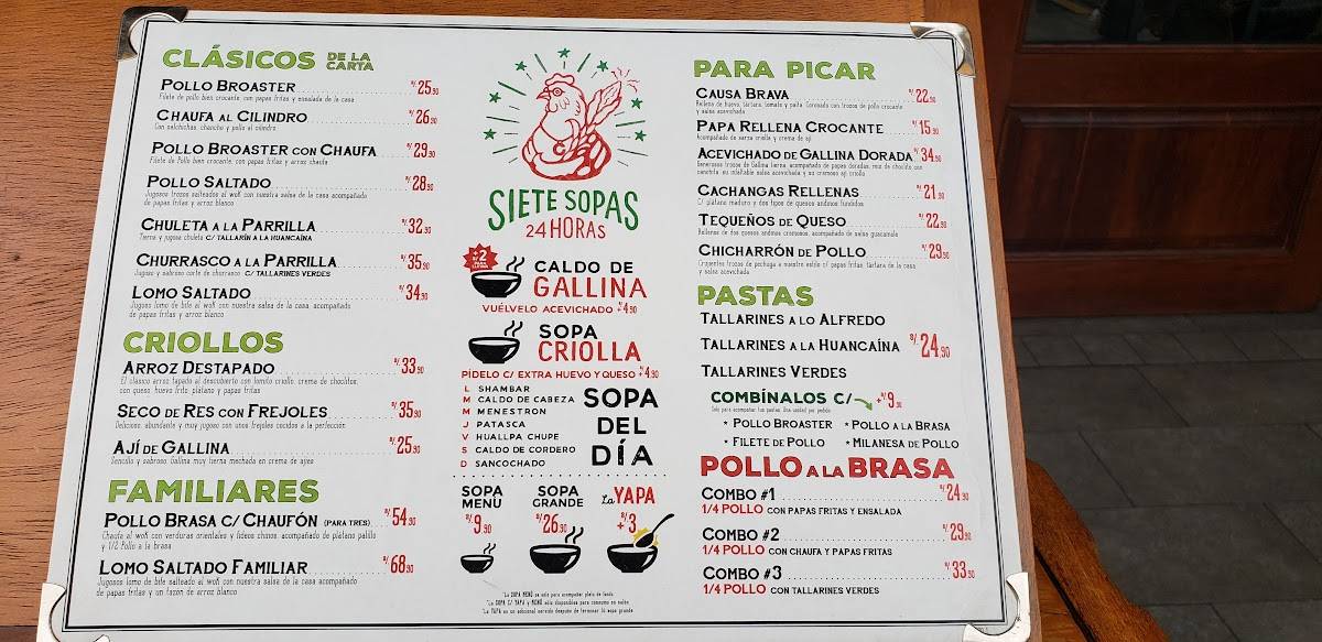 Carta del restaurante Siete Sopas, Santiago del Surco
