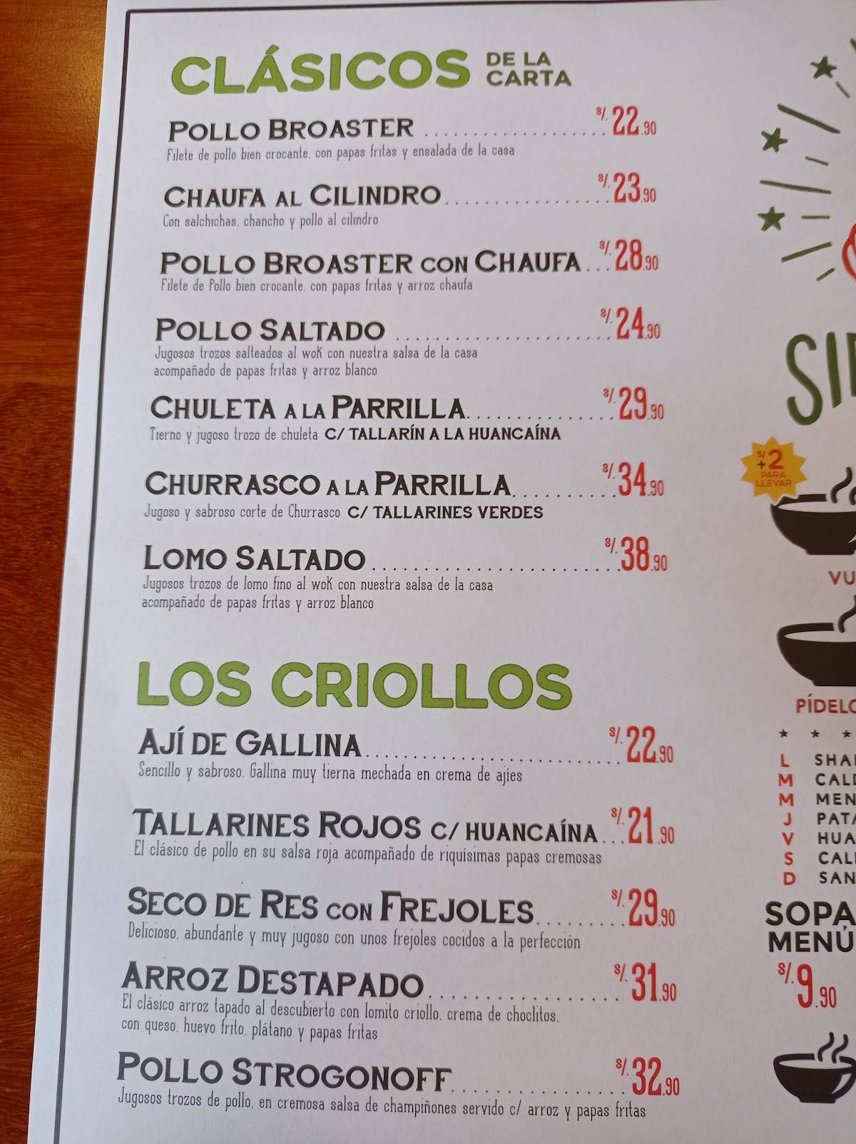 Carta del restaurante Siete Sopas, Santiago del Surco