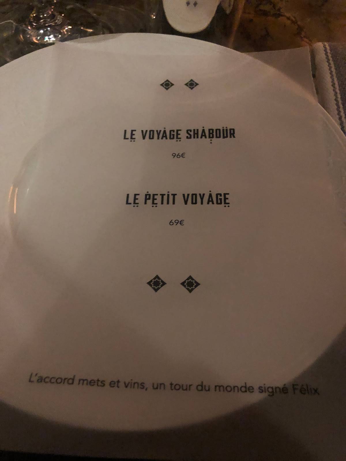 Menu au Shabour restaurant, Paris