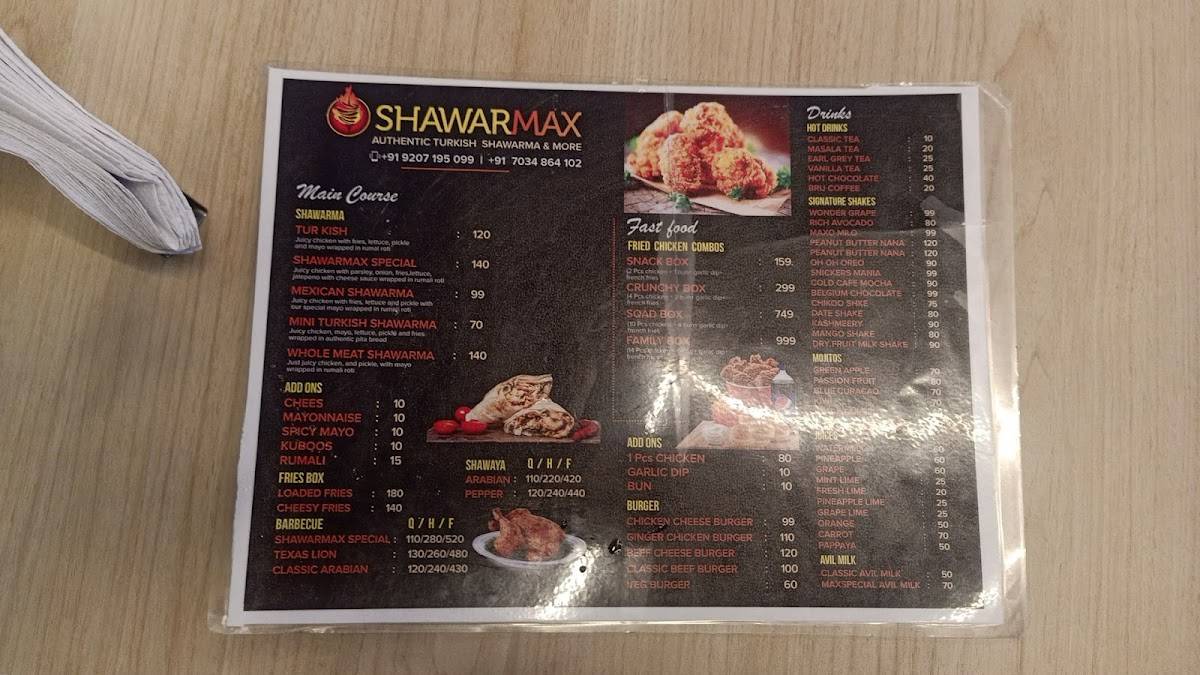 Menu at Shawarmax, Padinjarathara