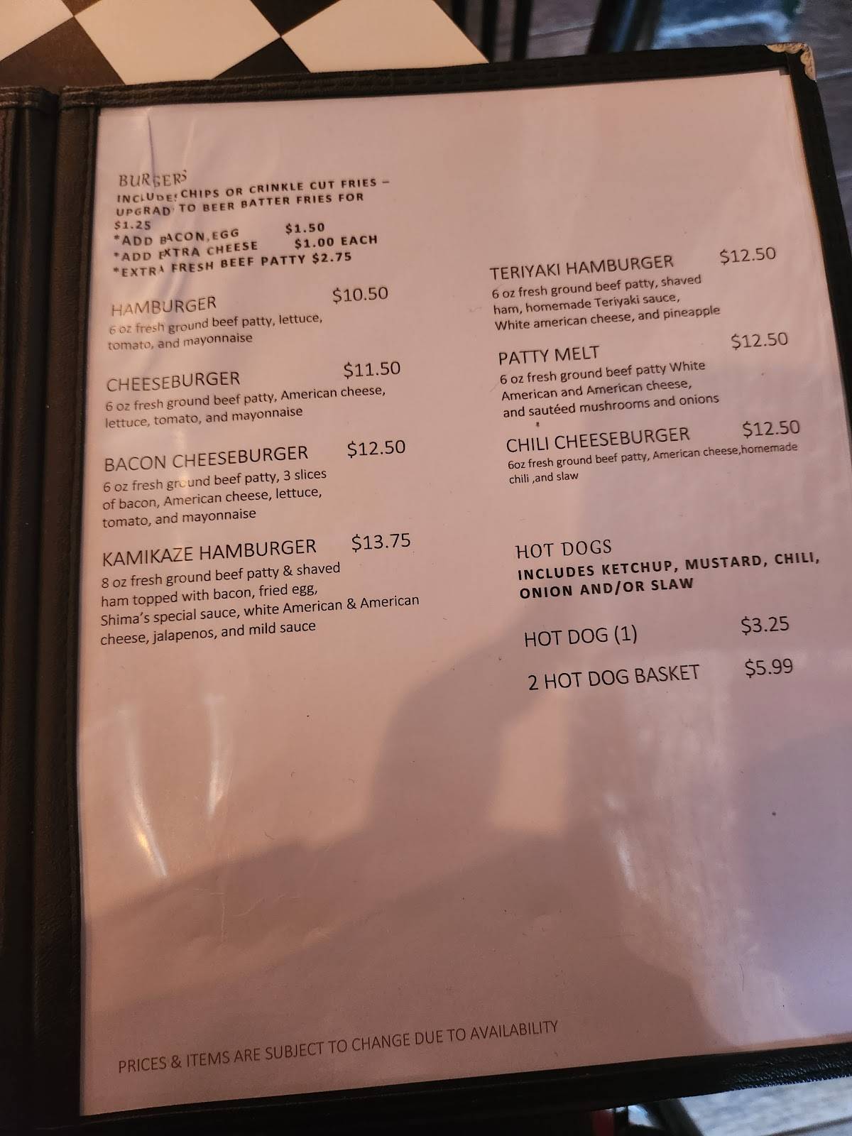 Menu at Shima's Family Restaurant, Nitro, 10 Bank St