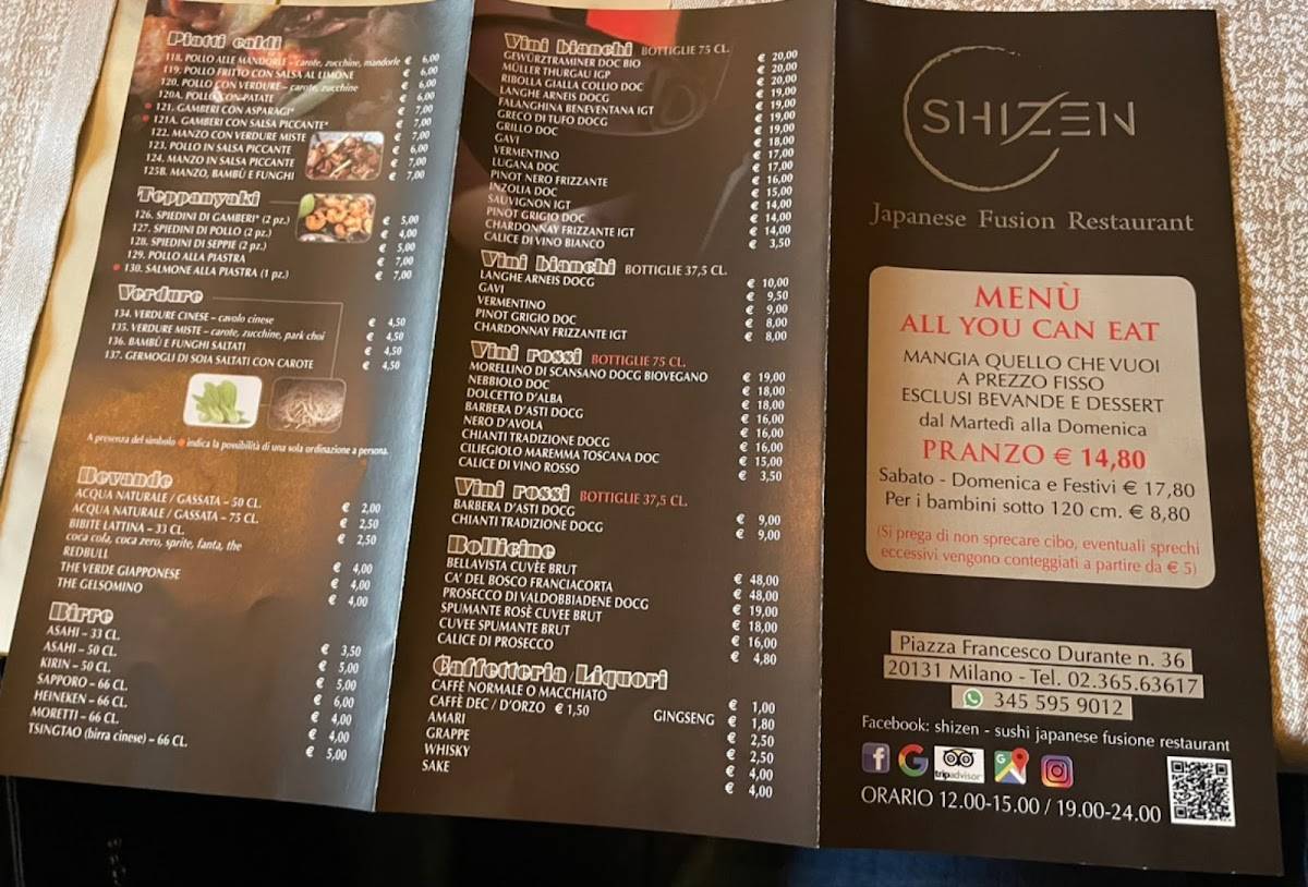 Menu at Shizen Milano restaurant, Milan