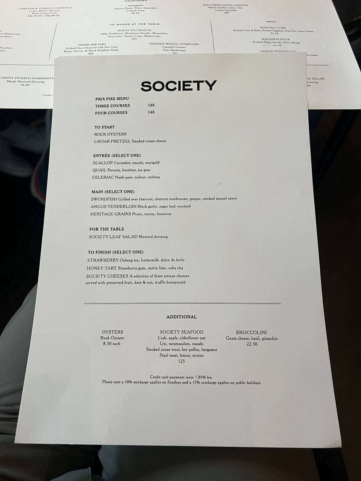 Menu at Society restaurant, Melbourne, 80 Collins St