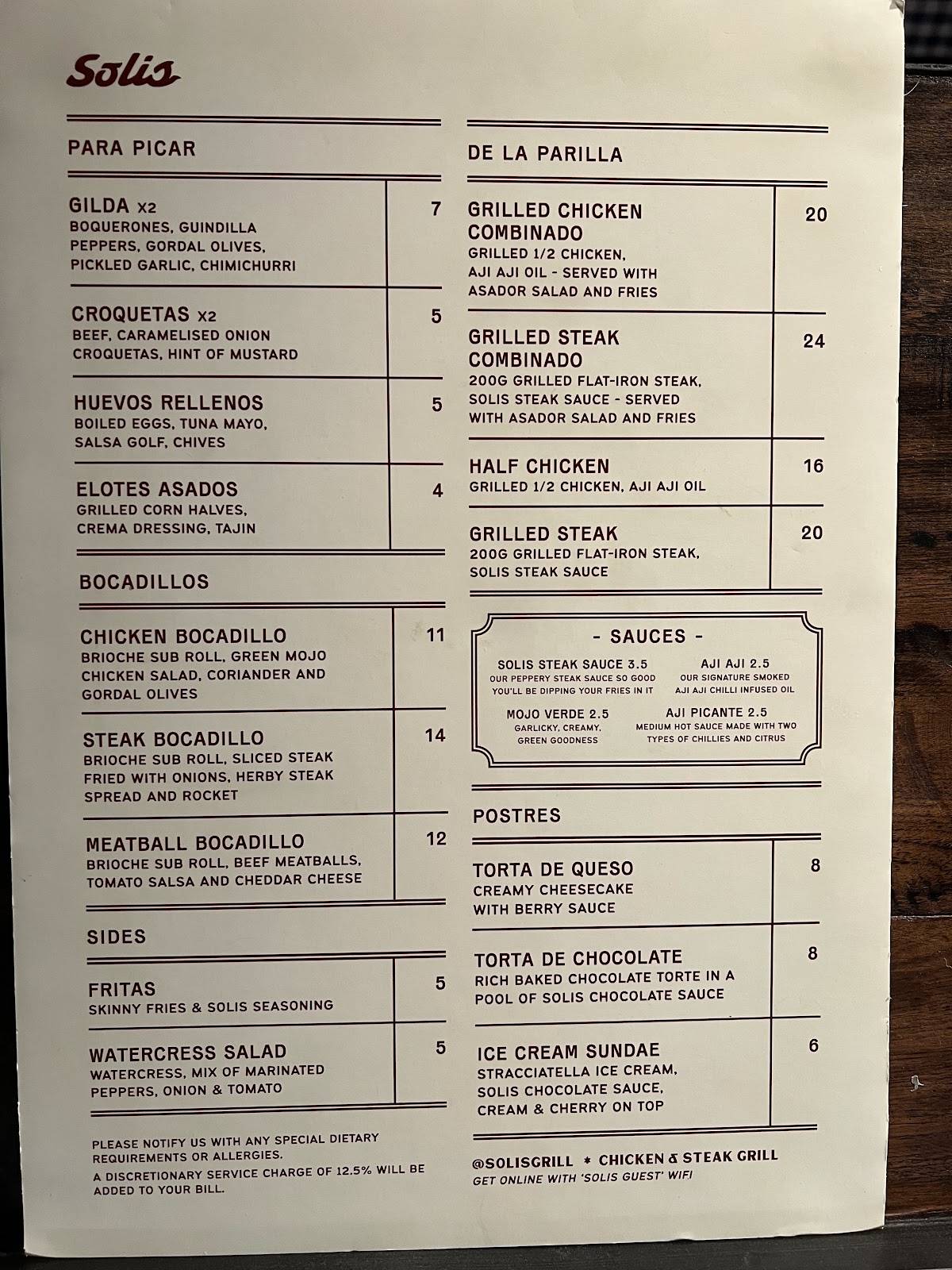 Menu at Solis restaurant, London
