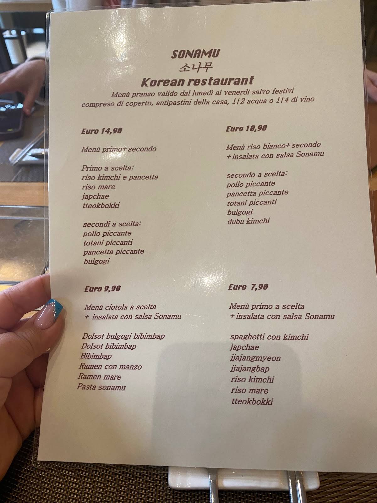 Menu da Sonamu Korean Restaurant, Torino