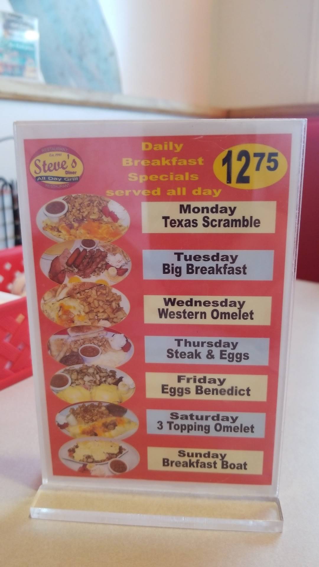 Menu at Steve's Diner restaurant, Riverview