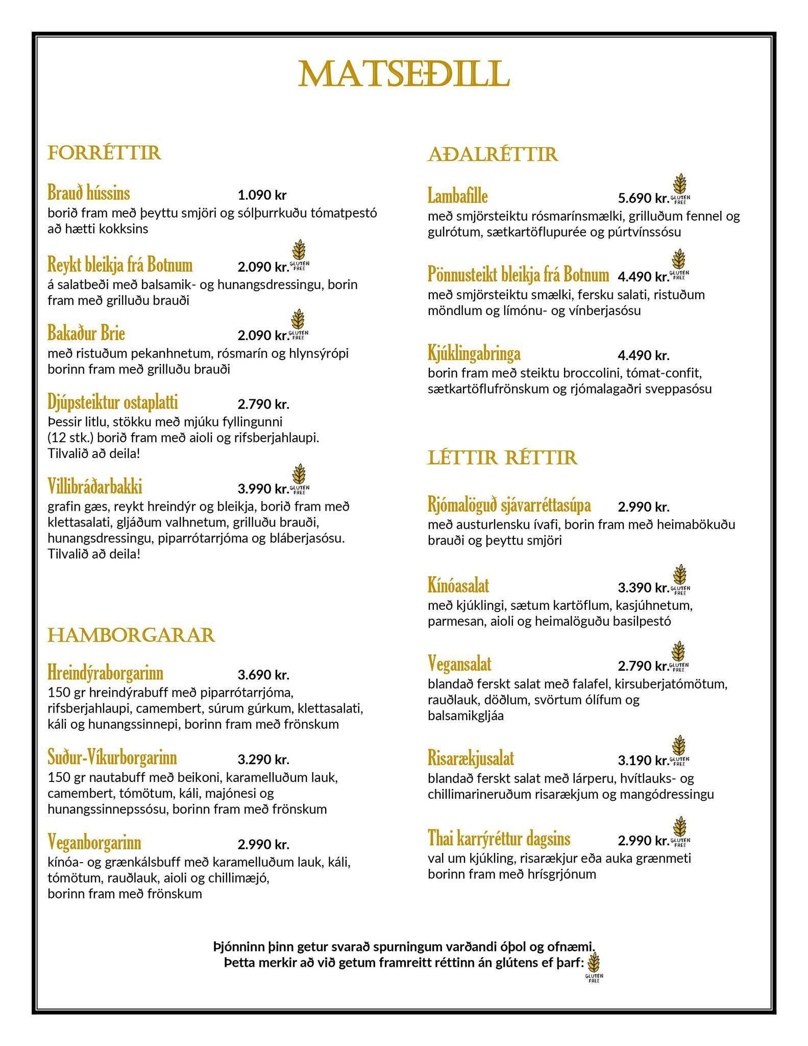 Menu at Restaurant Suður-Vík, Vik