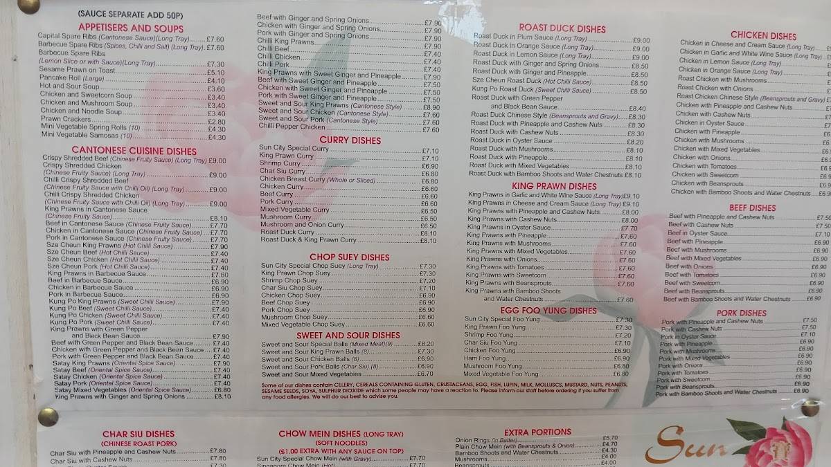 Menu at Sun City restaurant, Talgarth