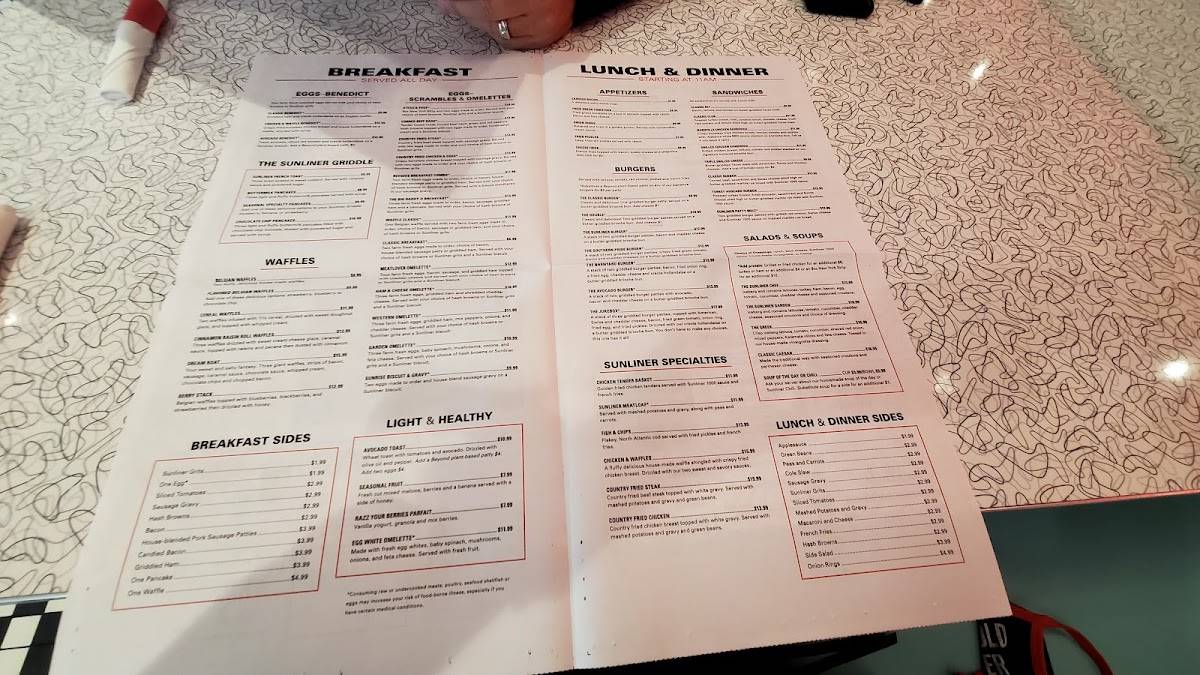 Menu at Sunliner Diner restaurant, Pigeon Forge