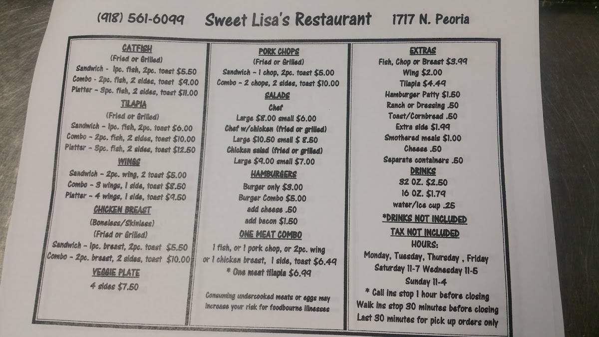 Menu at Sweet Lisa's Cafe, Tulsa