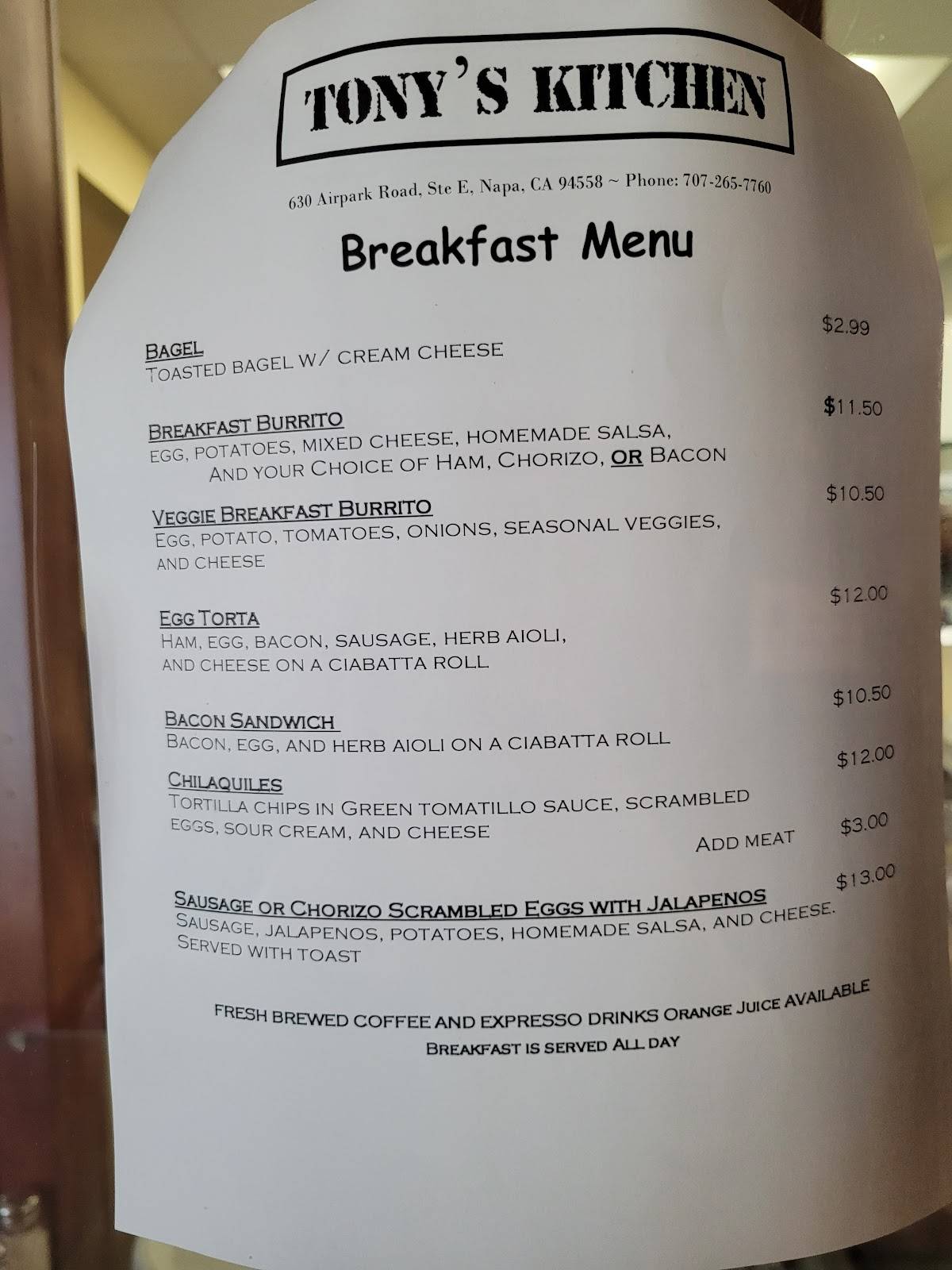 Menu at Tony's Kitchen restaurant, Catbalogan City