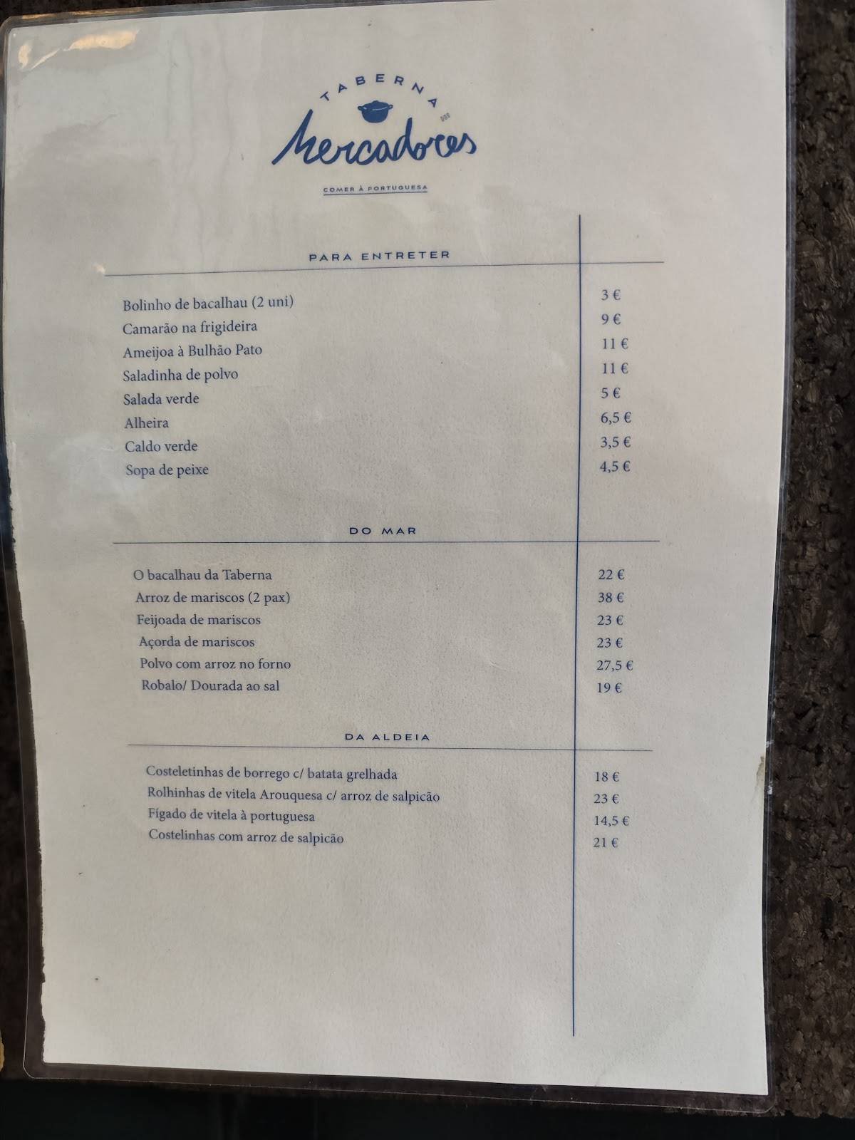 Menu at Taberna Dos Mercadores restaurant, Porto