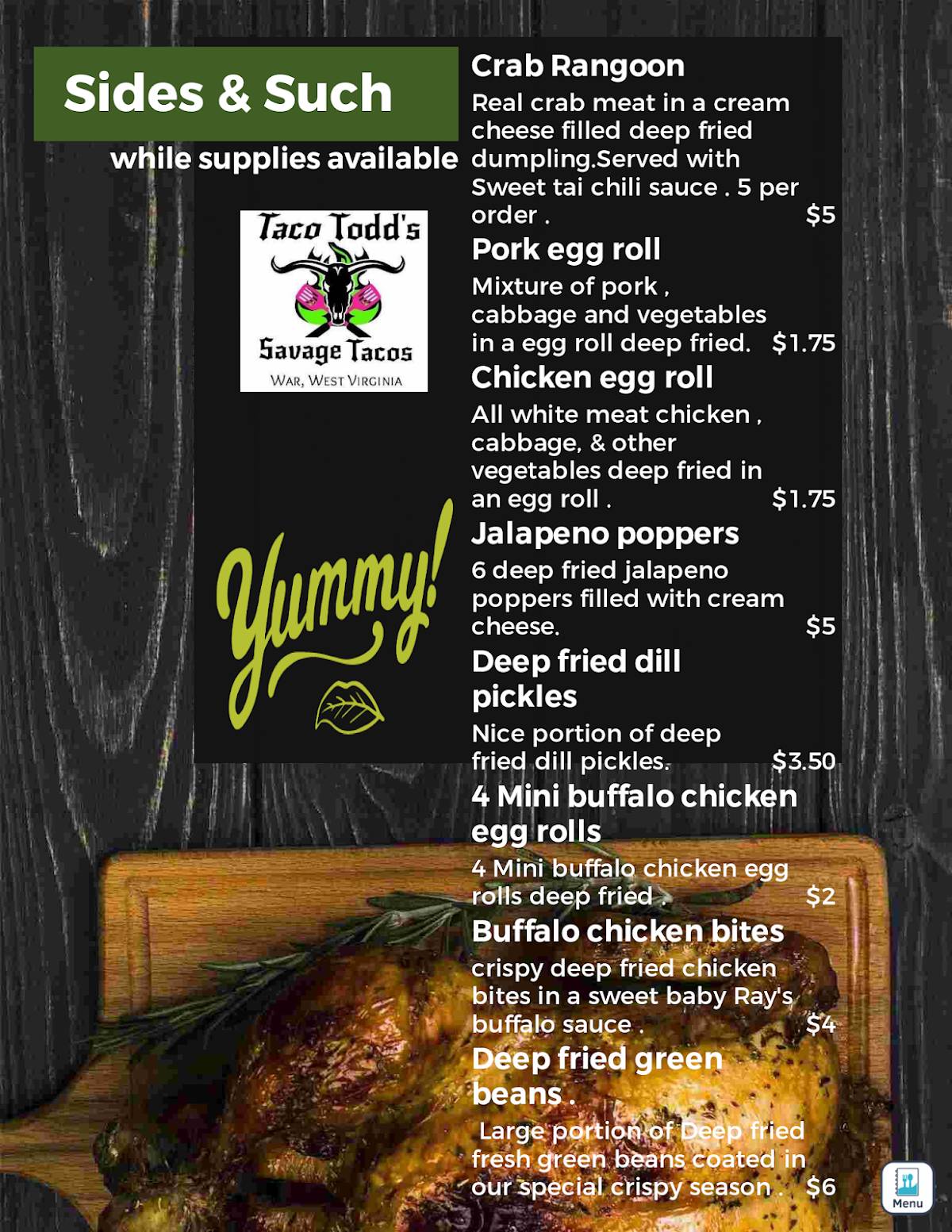 Menu at Chef Taco Todd @ T.O.P. Tabernacle of Praise inc. restaurant, War