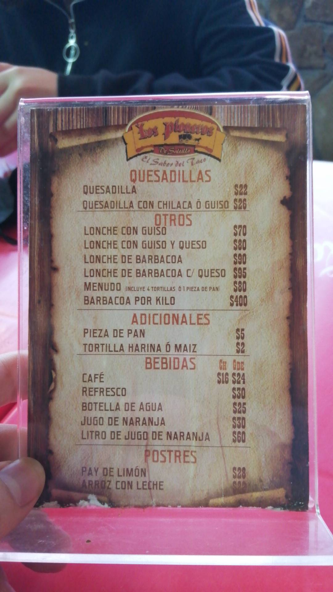 Carta del restaurante Tacos Los Pioneros, Saltillo, Blvd. Moctezuma 2065