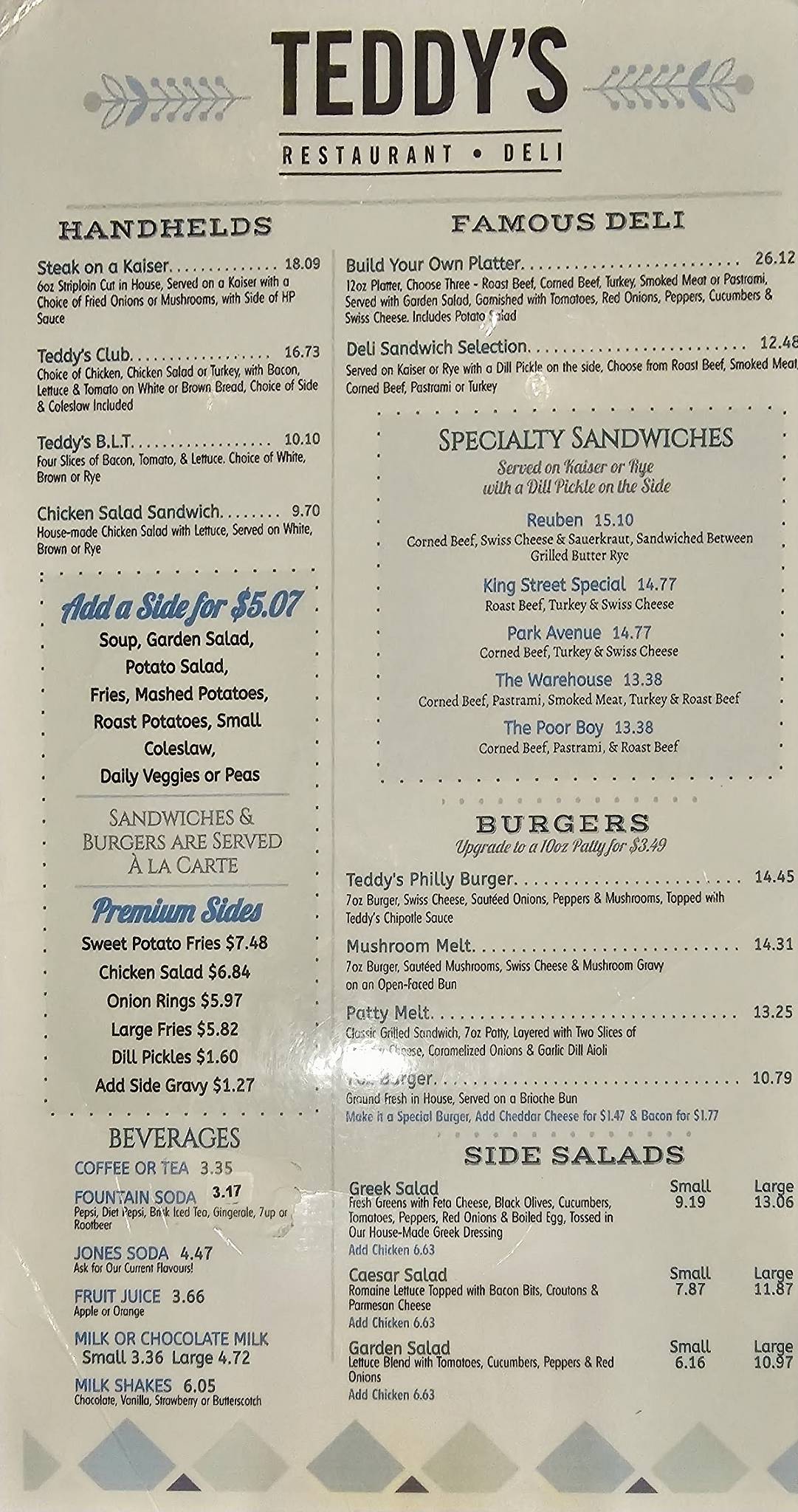 Menu at Teddy's Restaurant & Deli, Oshawa