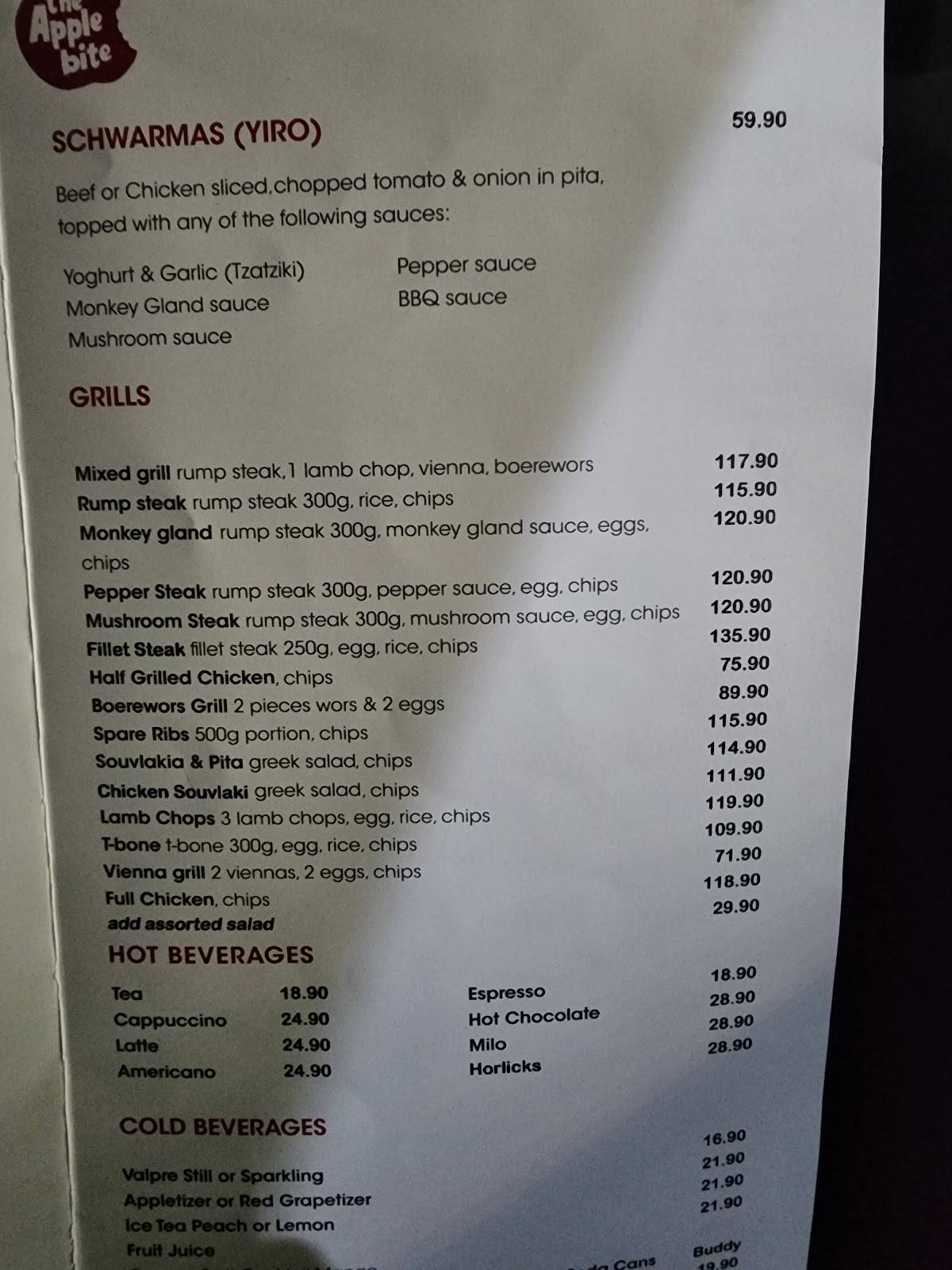 Menu at The Apple Bite restaurant, Edenvale