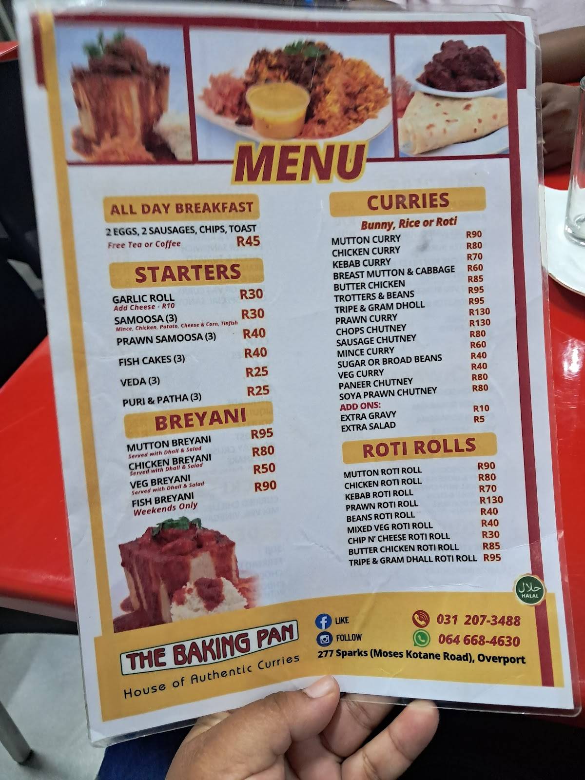 Menu at The Baking Pan restaurant, Durban