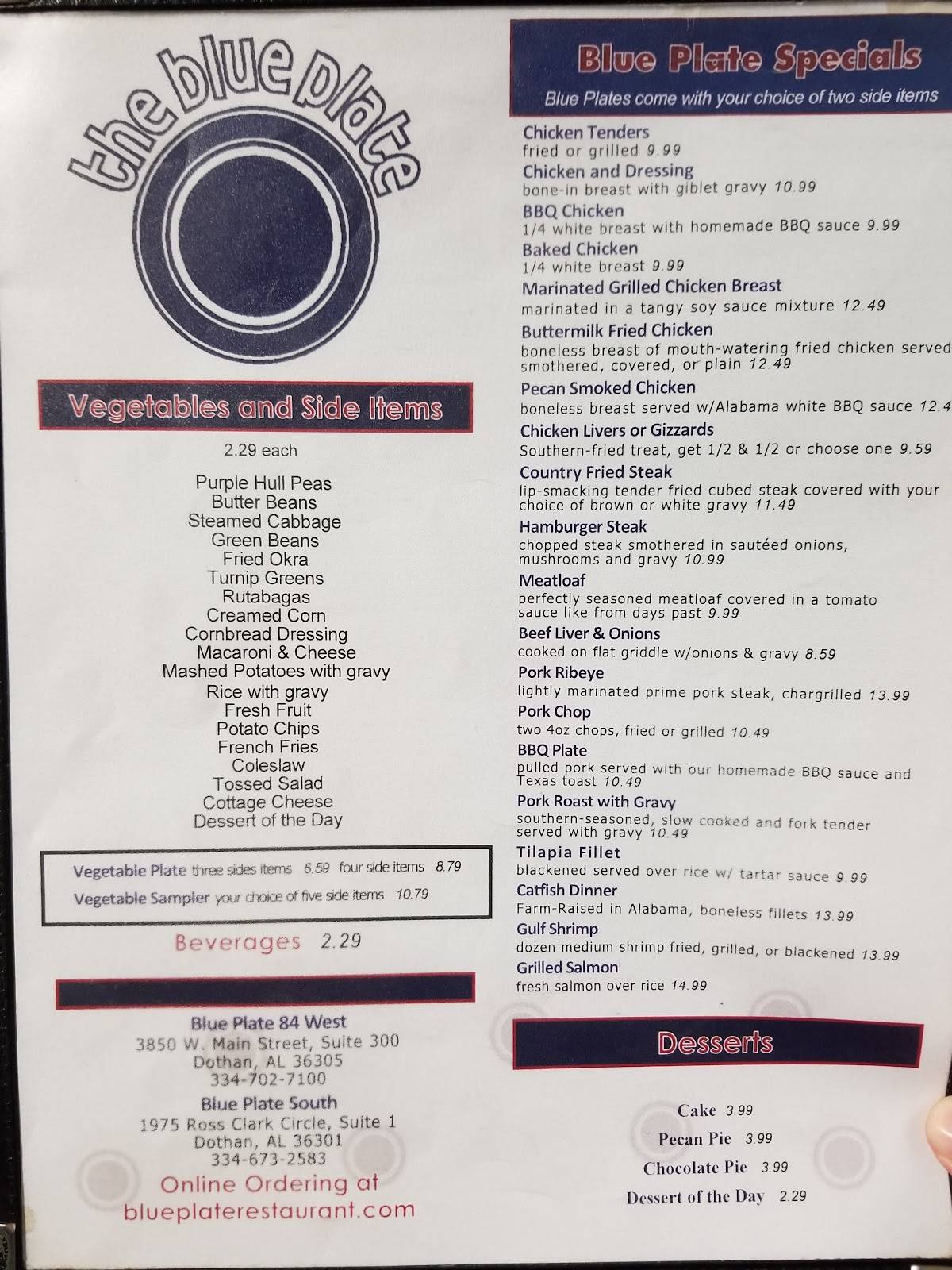 Menu at The Blue Plate - South restaurant, Dothan, Ross Clark Cir