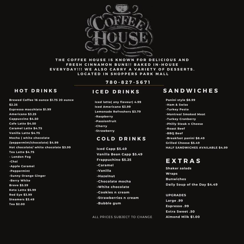 Menu at The Coffee House, Grande Cache
