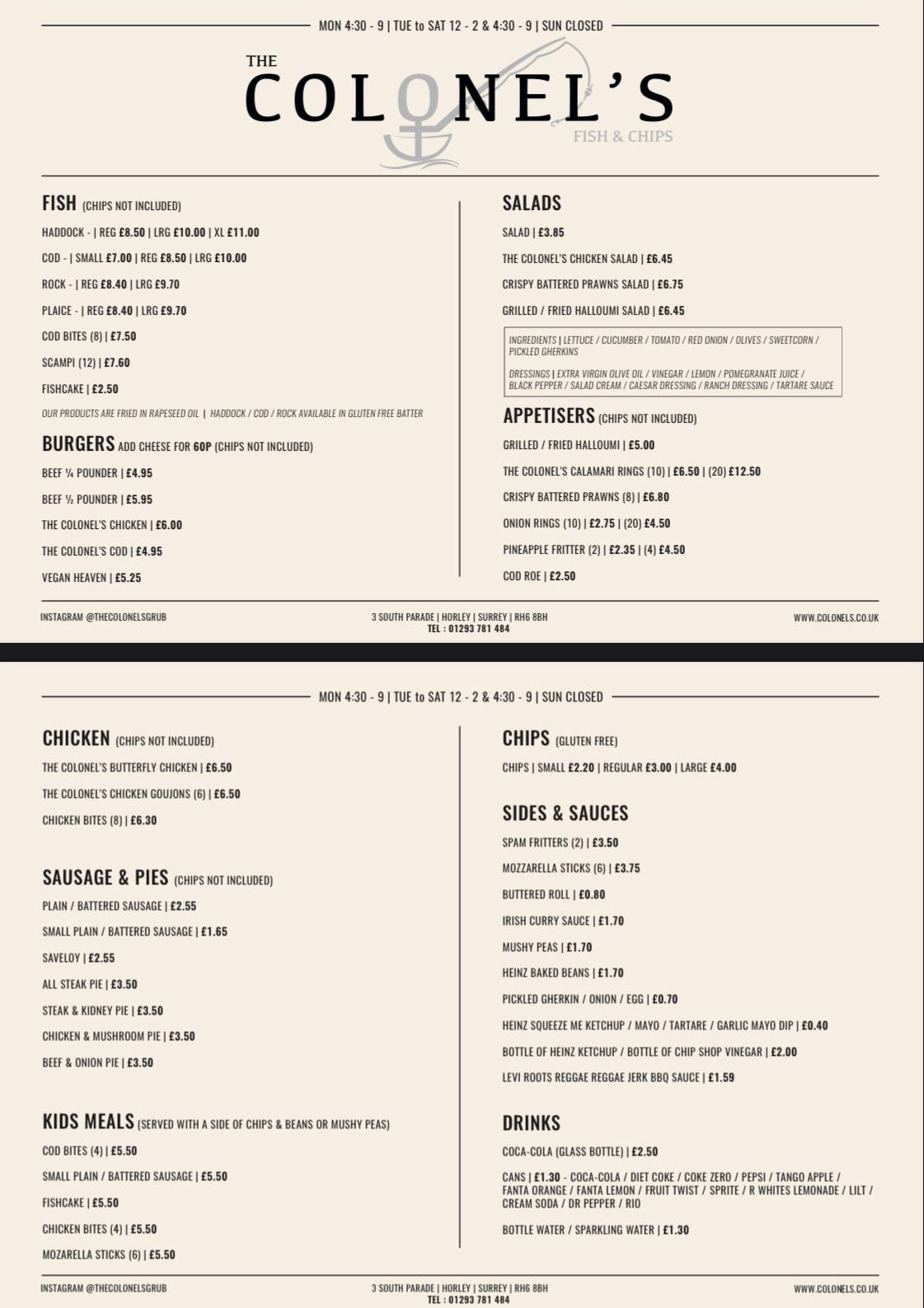 Menu at The Colonel's Fish & Chips restaurant, Horley