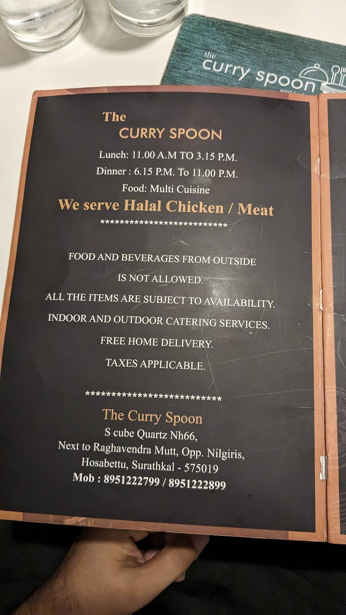 Menu at The Curry Spoon, Mangaluru