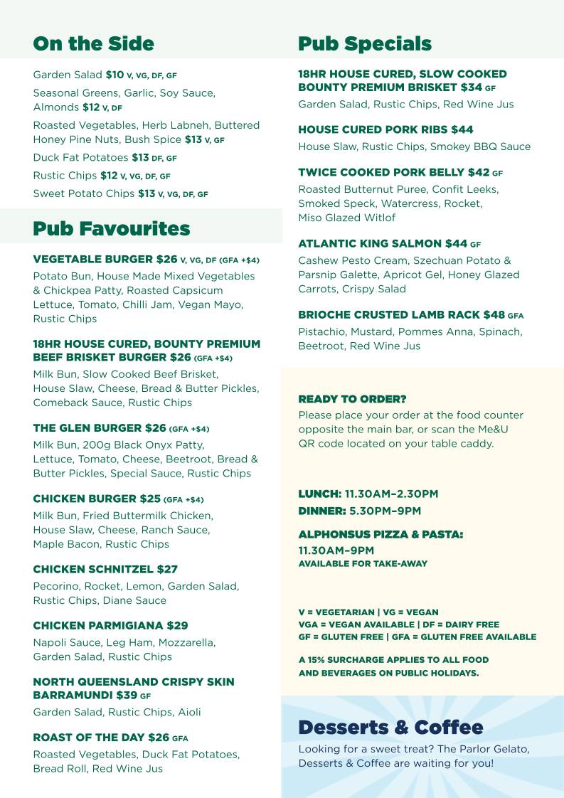 Menu at The Glen Hotel restaurant, Eight Mile Plains, 24 Gaskell St