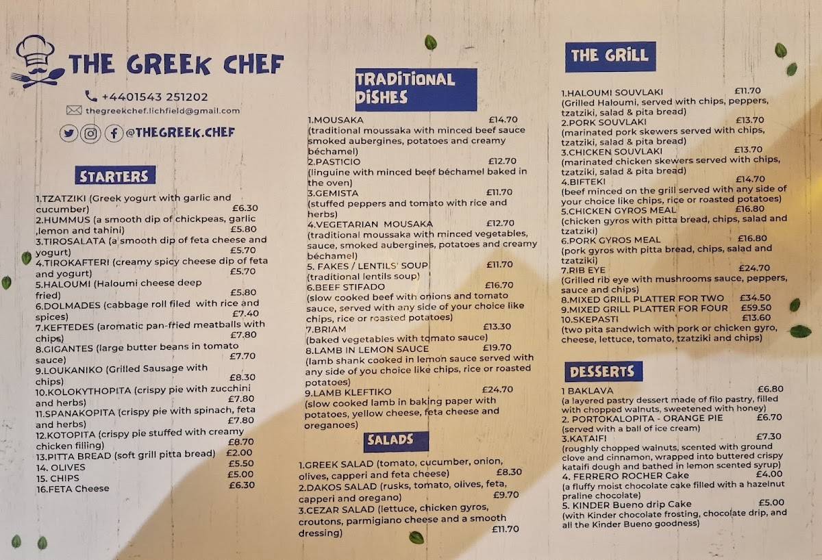 Menu at The Greek Chef restaurant, Lichfield