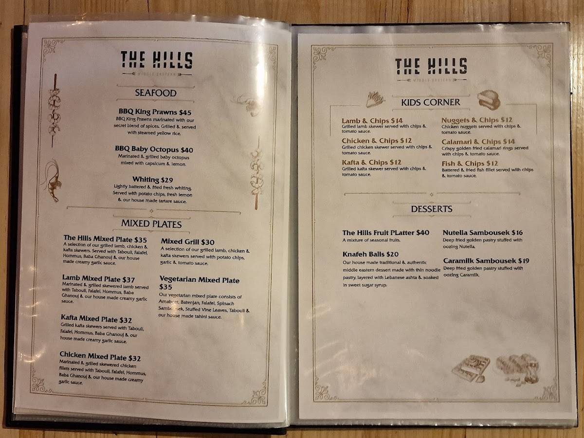 Menu at The Hills Middle Eastern restaurant, Hunters Hill
