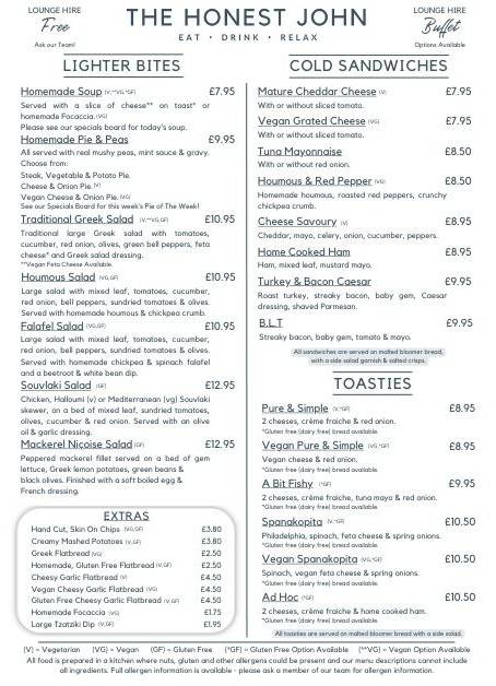 Menu at The Honest John Bar & Coffee Tavern, Todmorden