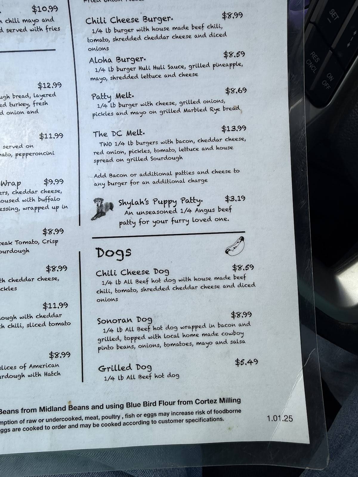 Menu at The Lunch Box restaurant, Dove Creek
