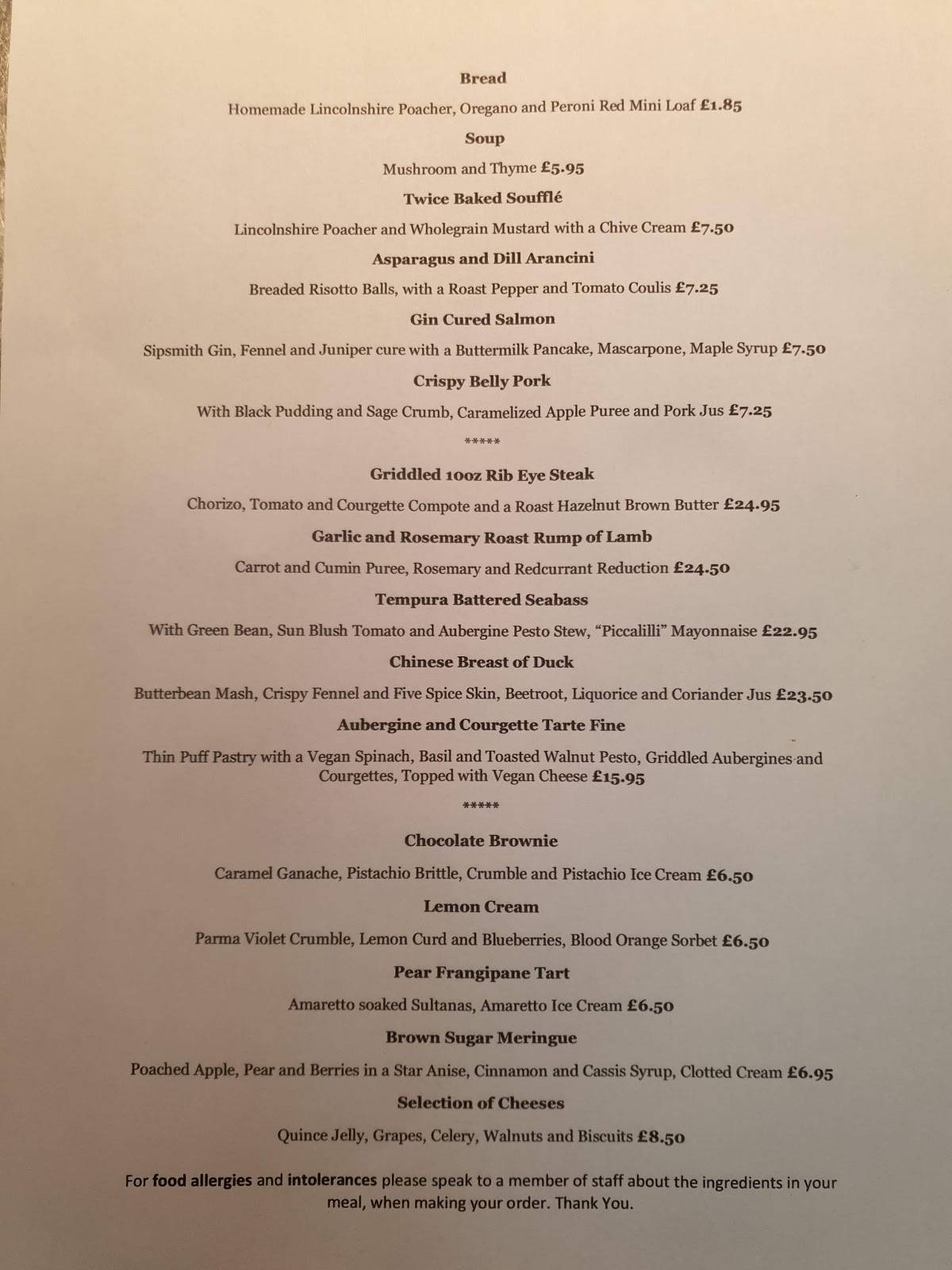 Menu at The Mansion House restaurant, Louth