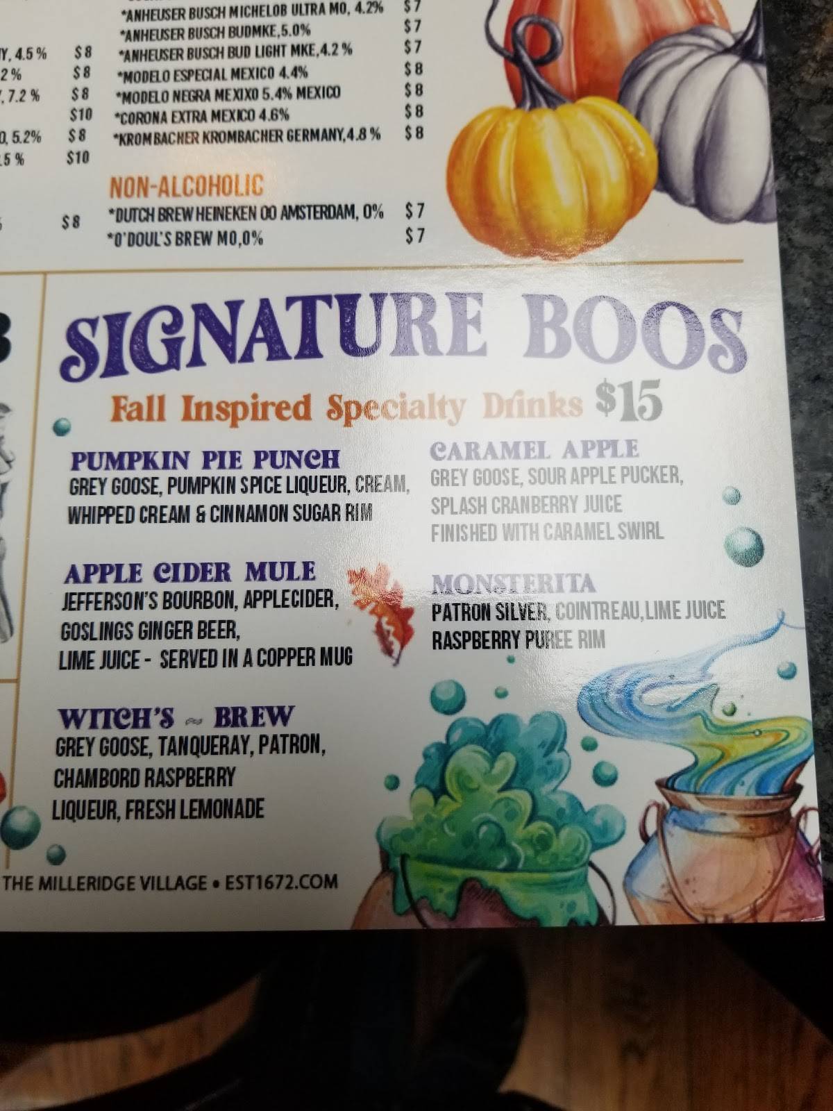 Menu at The Milleridge Inn restaurant, Jericho