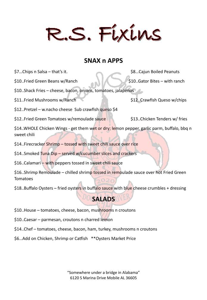 Menu at The River Shack restaurant, Mobile, Marina Dr S