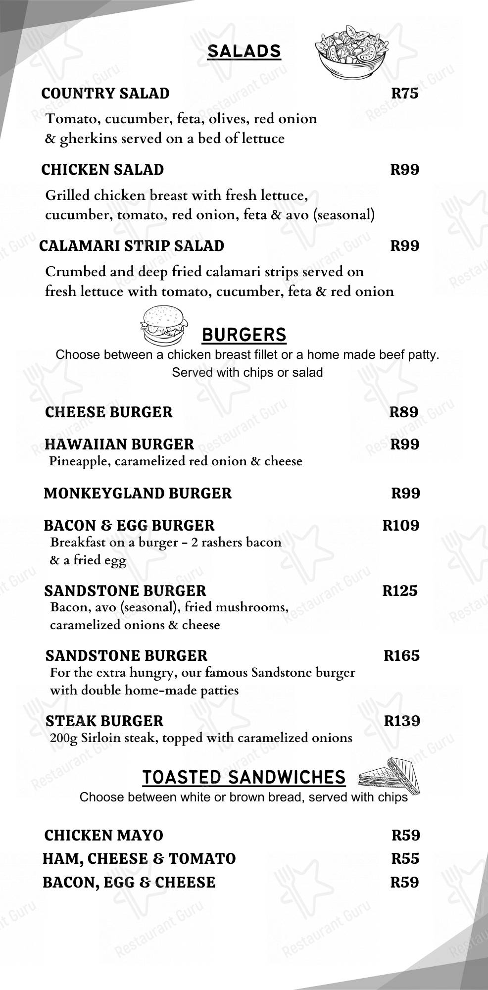 Menu at The Sandstone - Saldanha Bay restaurant, Saldanha