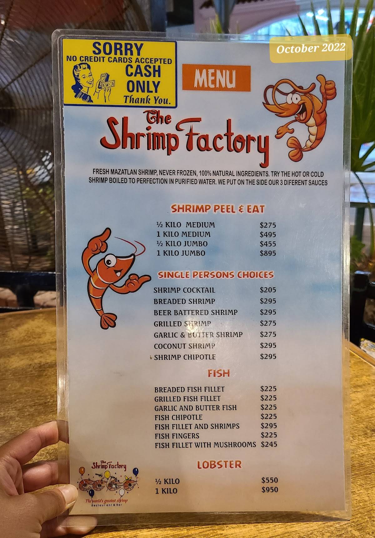 Menu at The Shrimp Factory restaurant, Mazatlán, De Las Garzas 14