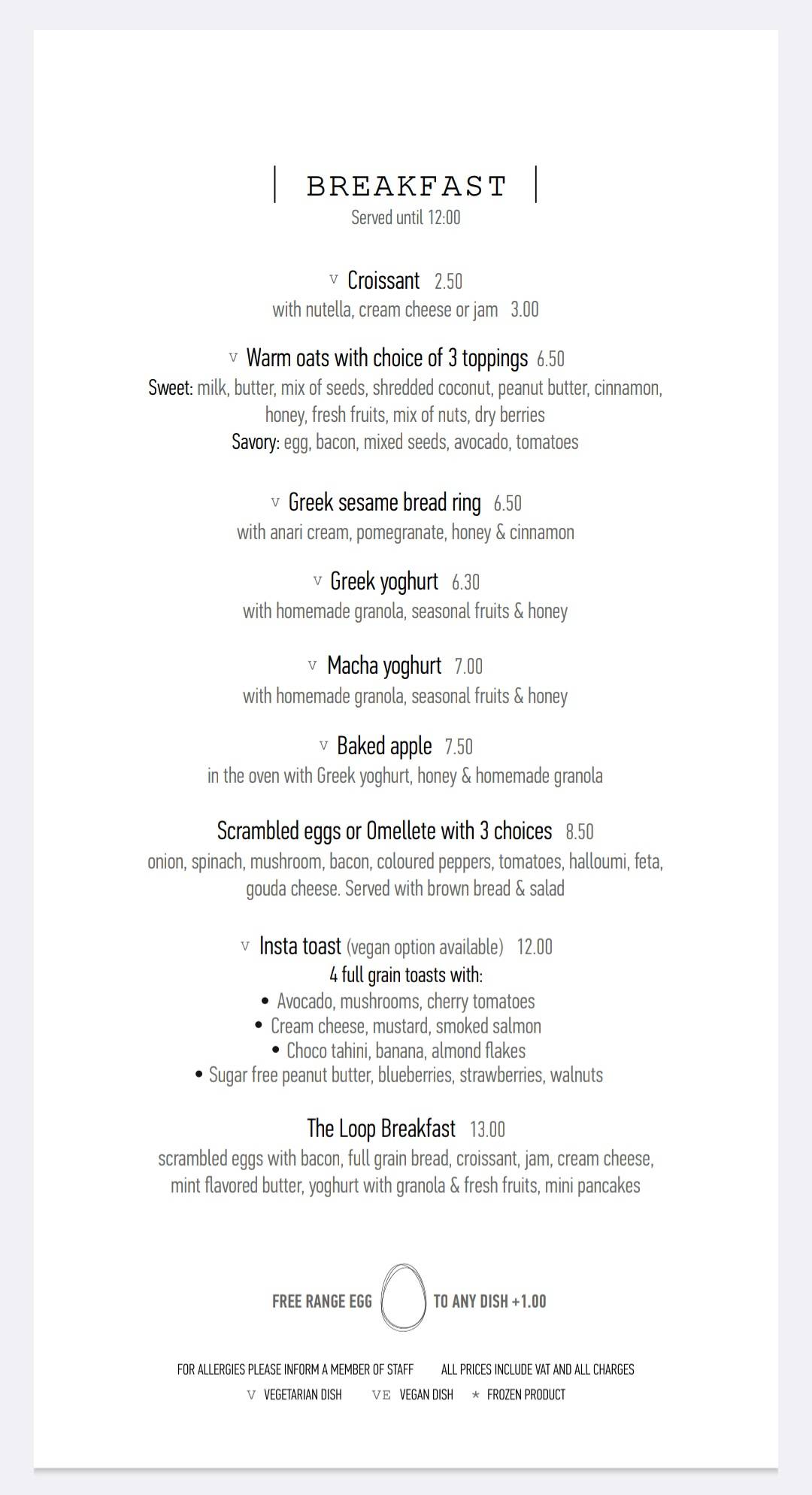 Menu at The Loop, Paralimni