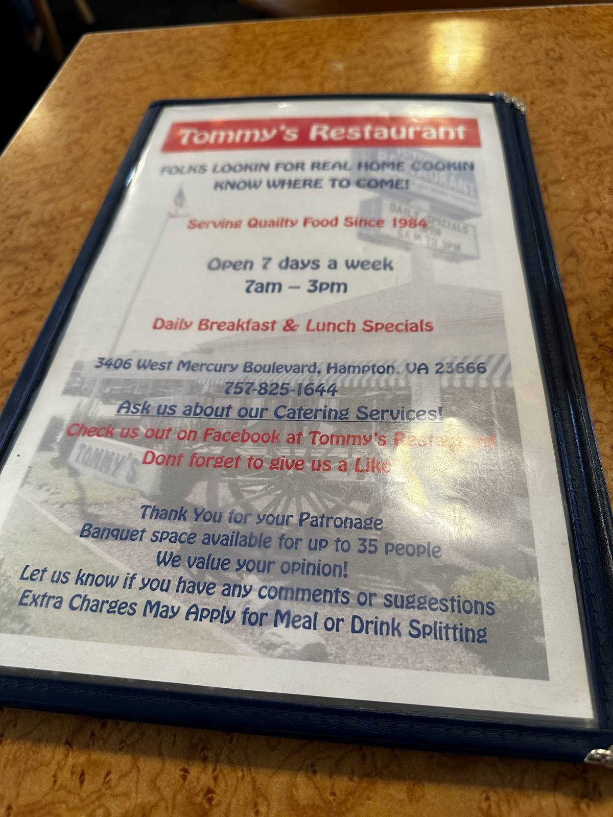 Menu at Tommy's Restaurant, Hampton