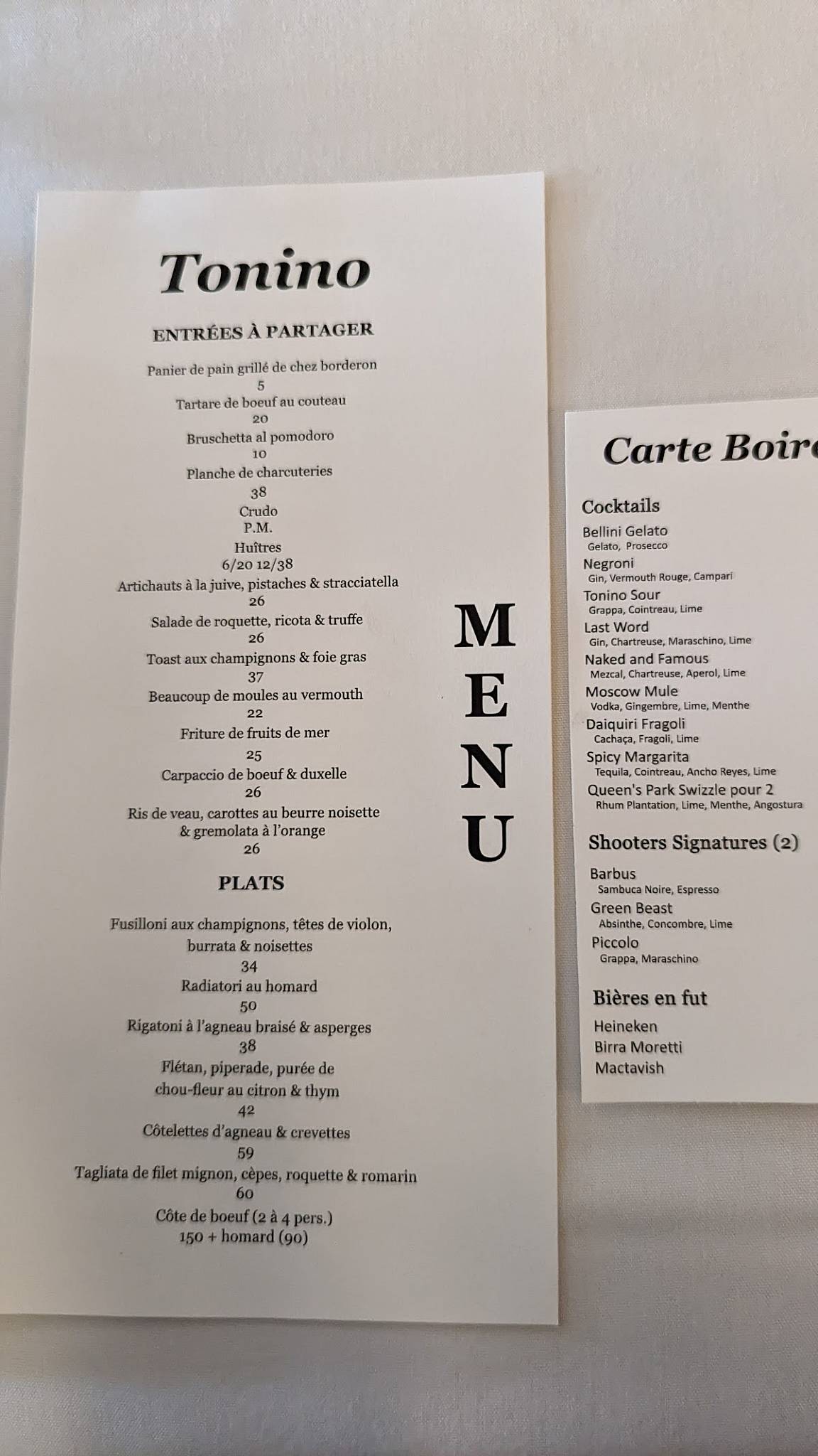 Menu au Restaurant Tonino, Québec