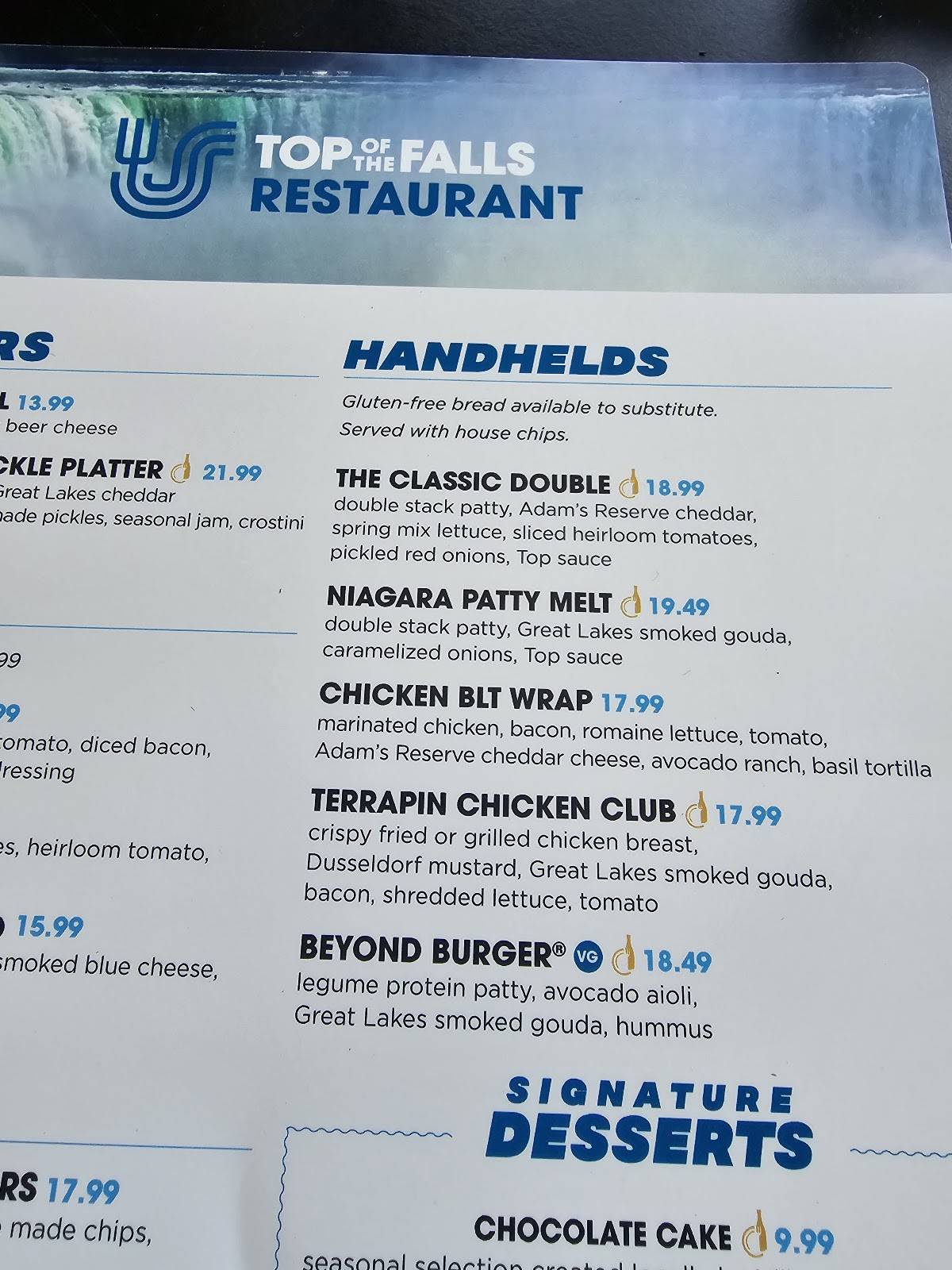Menu at Top of the Falls restaurant, Niagara Falls