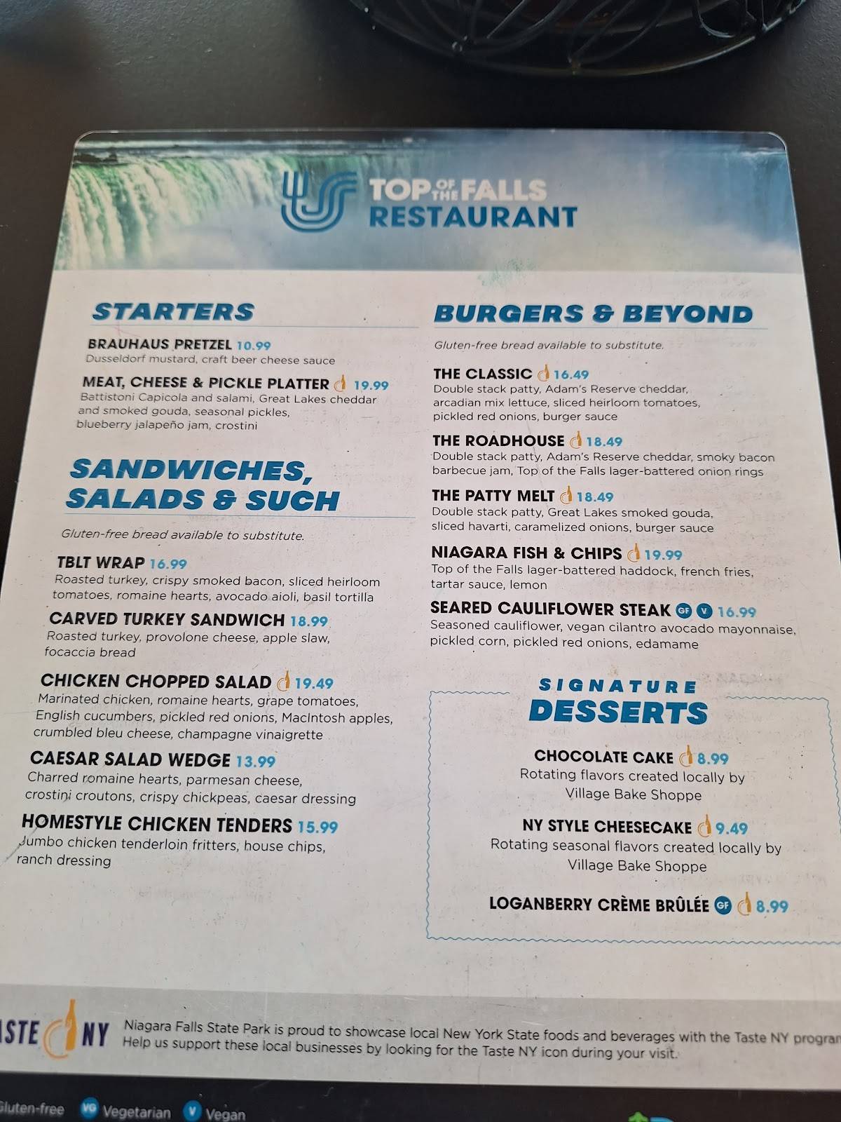 Menu at Top of the Falls restaurant, Niagara Falls