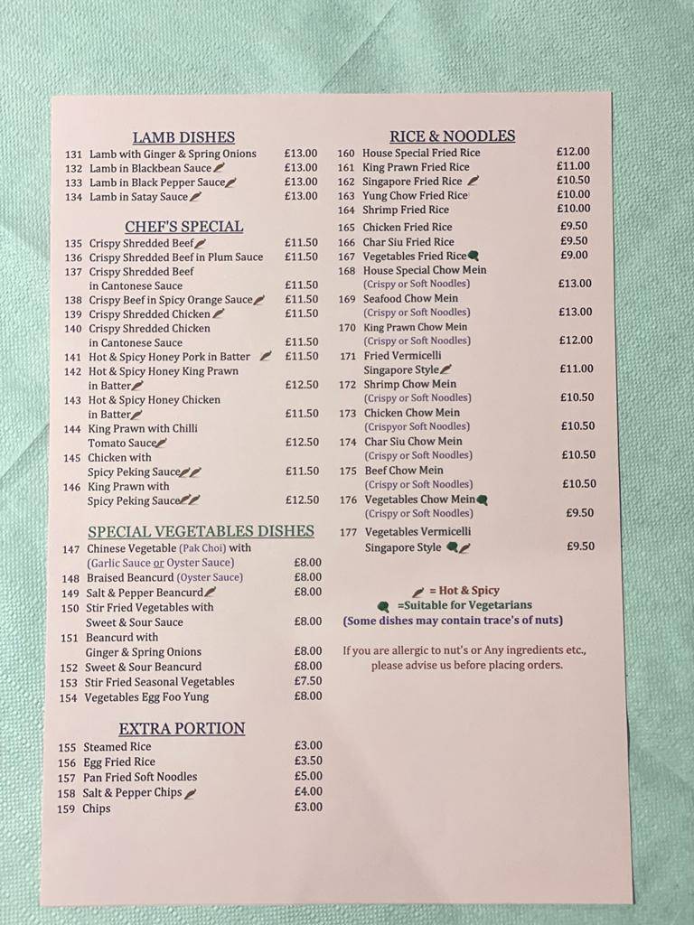 Menu at Tops Chinese Restaurant, Llandudno