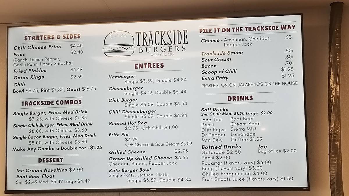 Menu at Trackside Burgers restaurant, Joplin, W 10th St