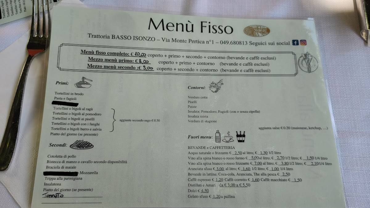 Menu da Trattoria Basso Isonzo ristorante, Padova