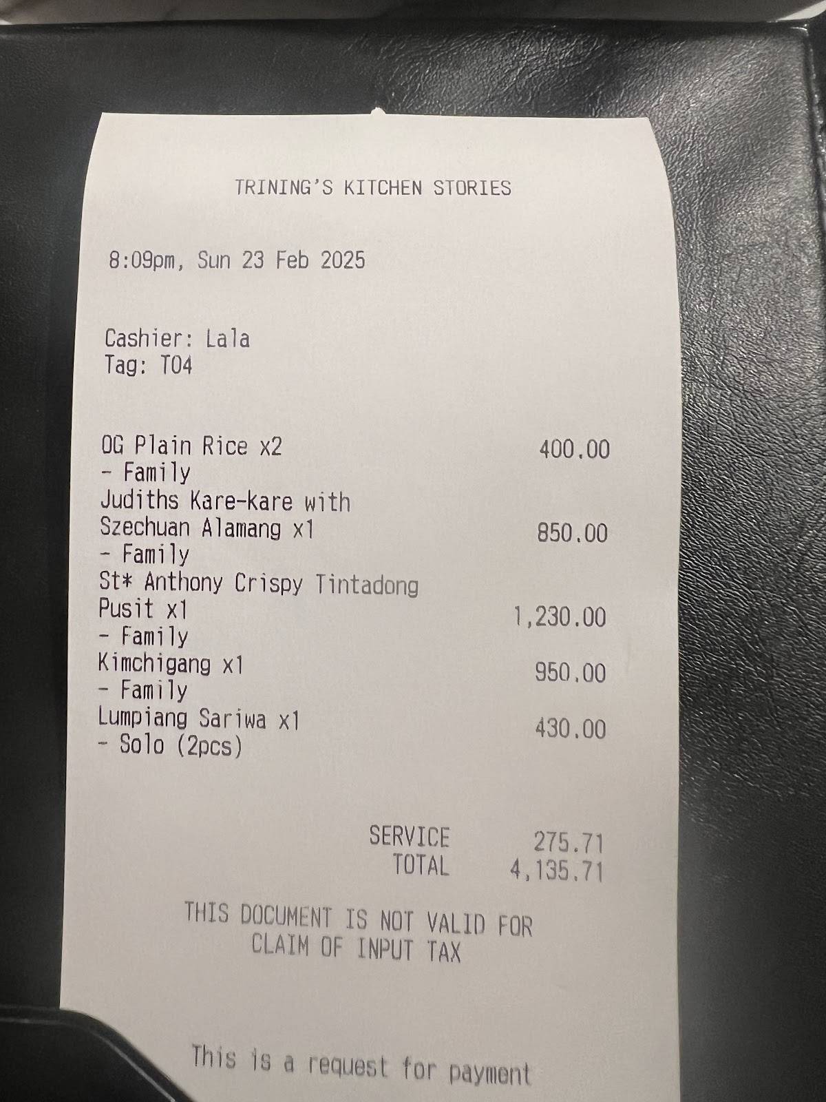 Menu at Trining’s Kitchen Stories restaurant, Marikina