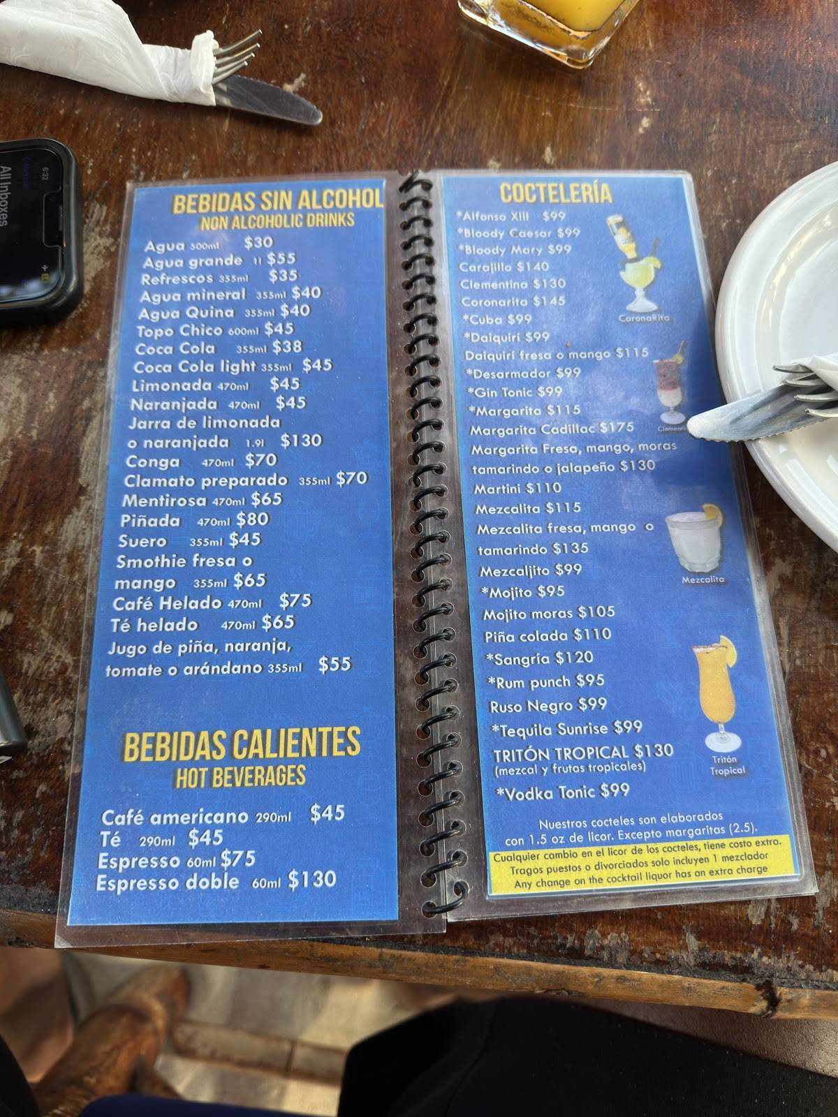 Menu at Tritón restaurant, Zihuatanejo
