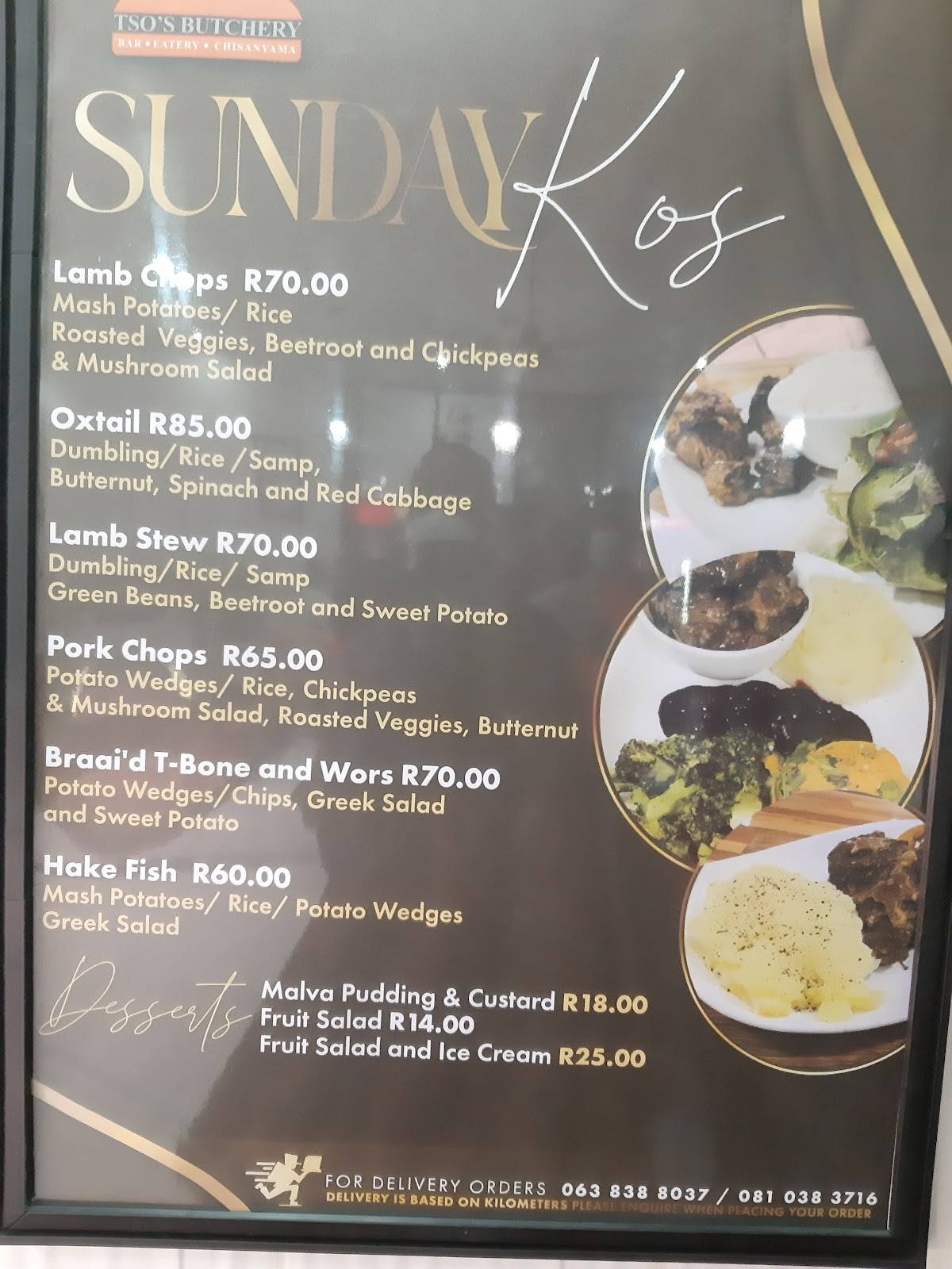 Menu at Tso's Butchery restaurant, Krugersdorp