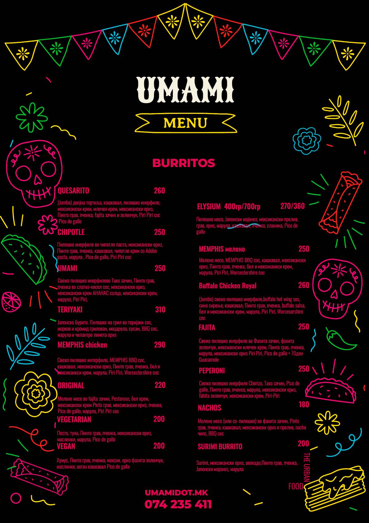 Menu at Umami's Sushi & Burrito restaurant, Bitola